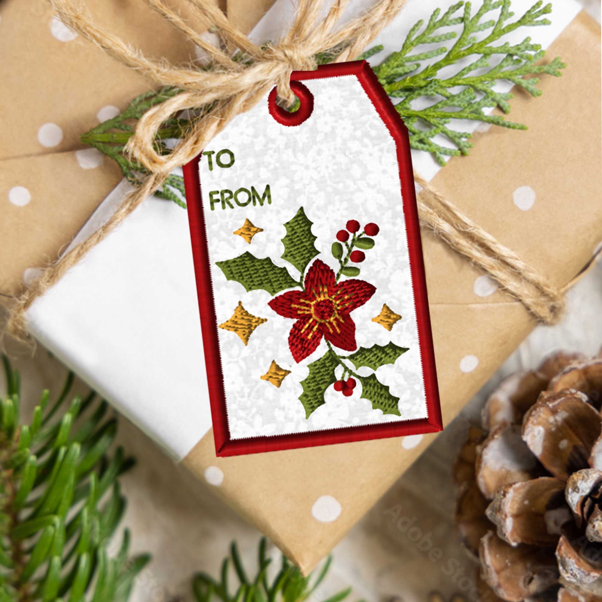 Poinsettia Gift Tag #1597 - Embroidery Village LLC