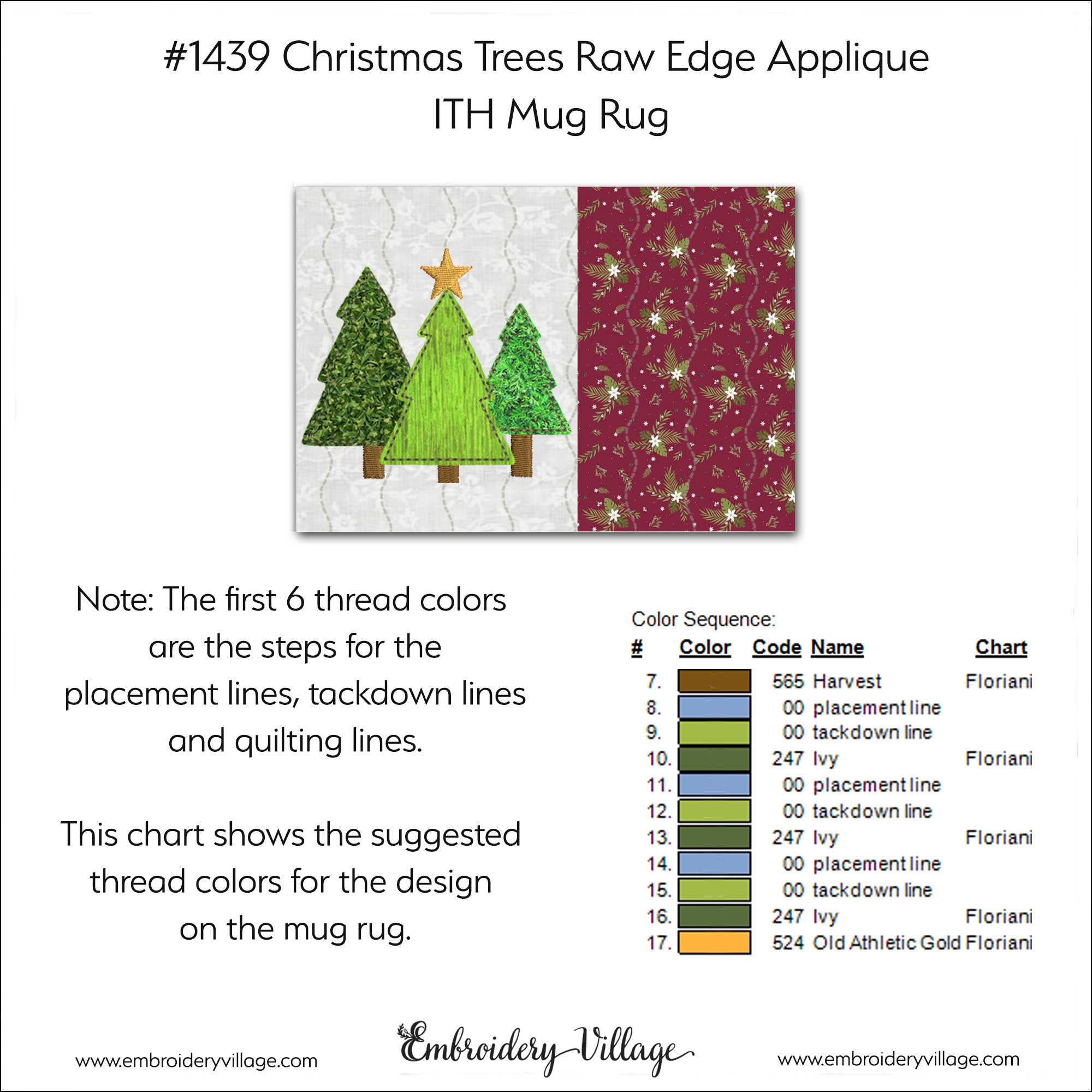 Christmas Trees | Raw Edge Applique Mug Rug #1439 - Embroidery Village LLC
