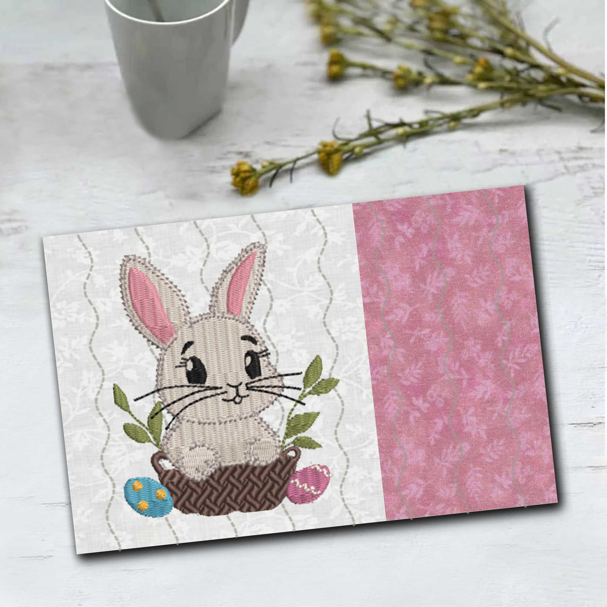 Spring Bunny Mug Rug #1525 - Embroidery Village LLC
